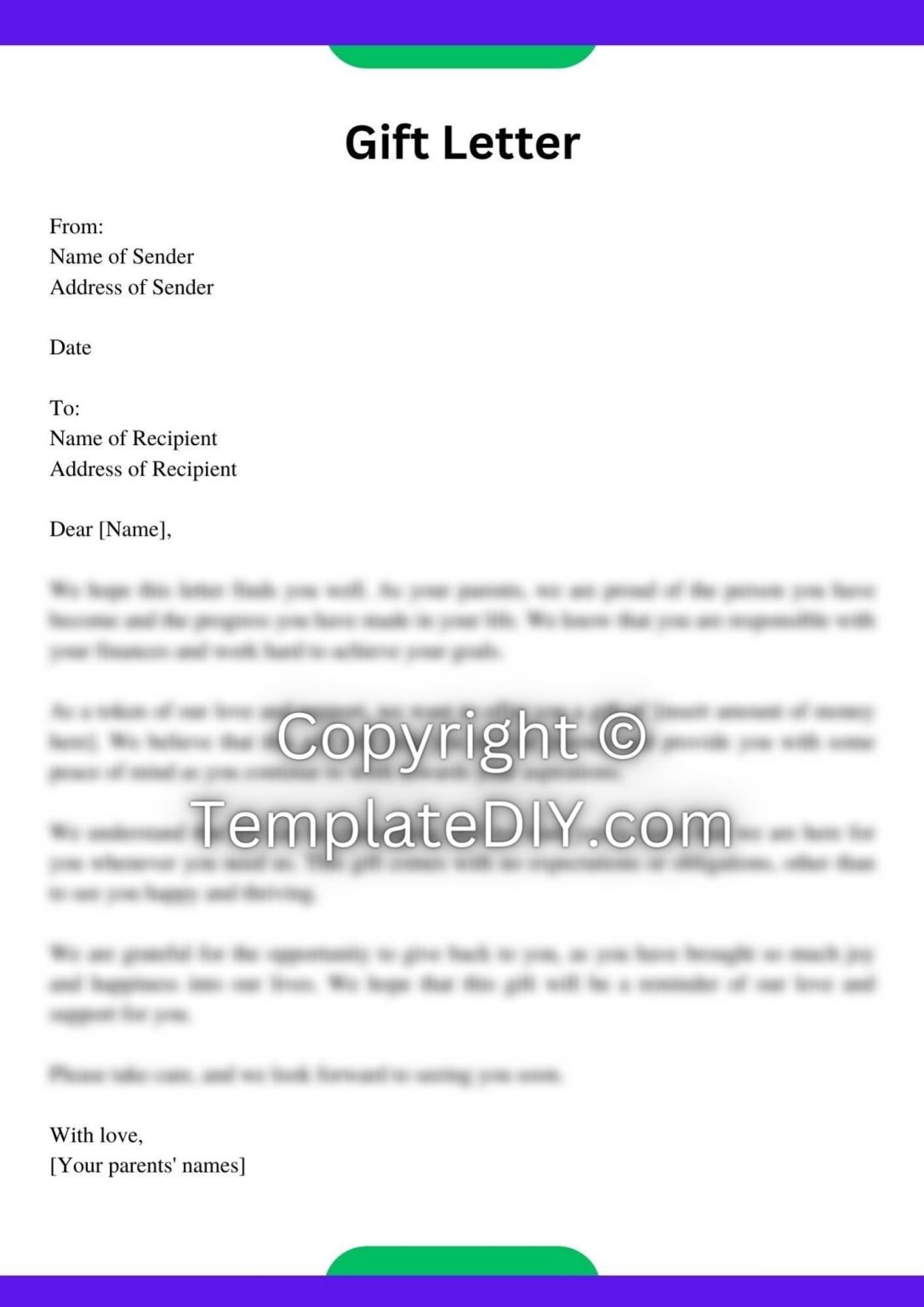 Money Gift Letter from Parents Template | Printable PDF