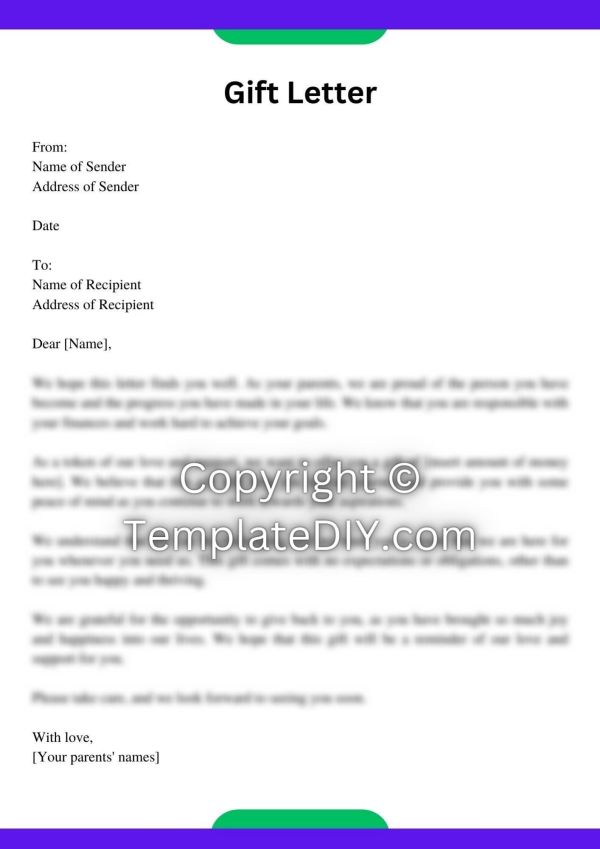 Money Gift Letter from Parents Template | Printable PDF