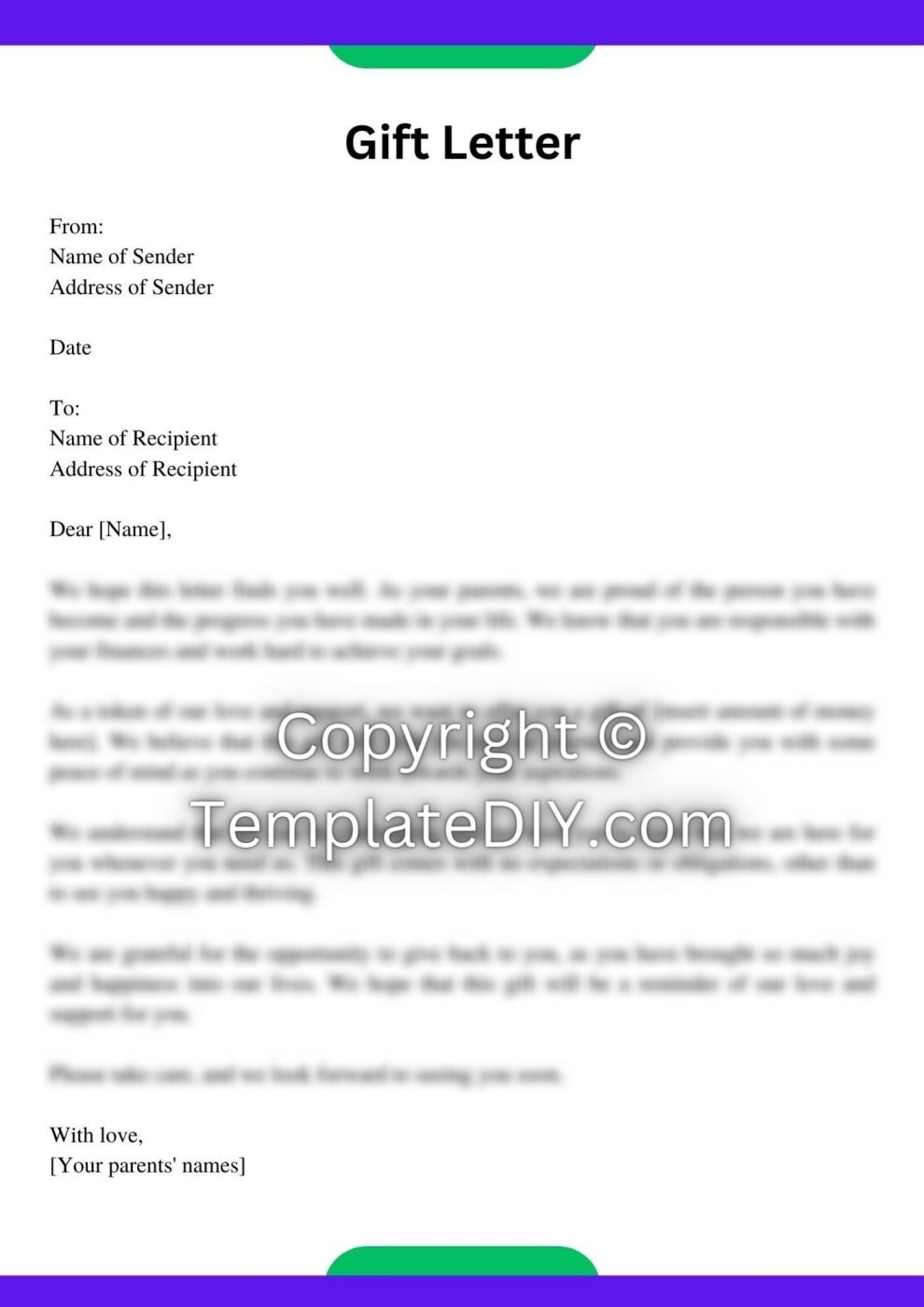 Money Gift Letter from Parents Template | Printable PDF