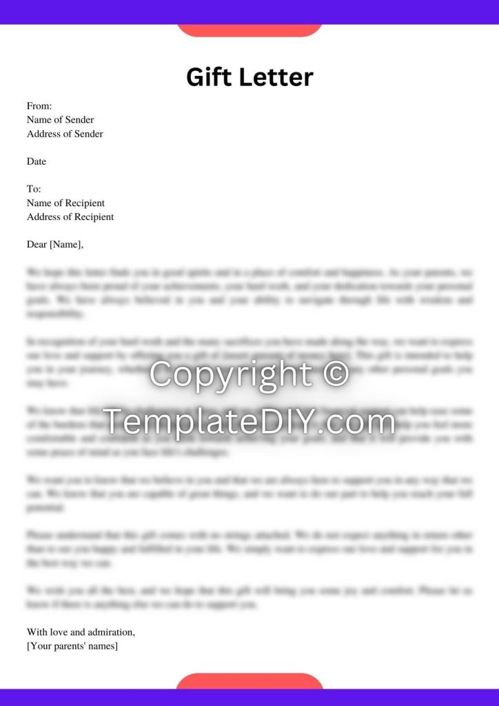 Money Gift Letter from Parents Template | Printable PDF