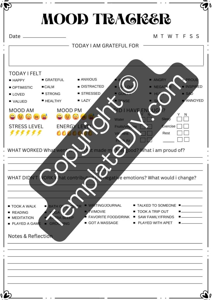 Mood Tracker Template Blank Printable PDF, Word, Excel