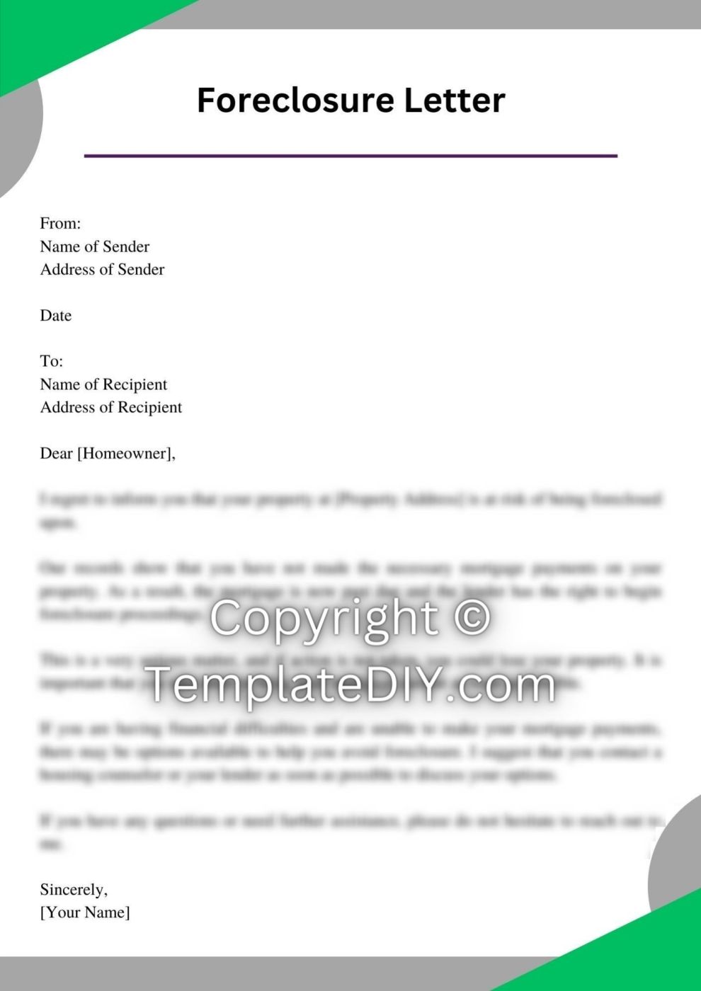 Notice of Foreclosure Letter Template | Printable Sample
