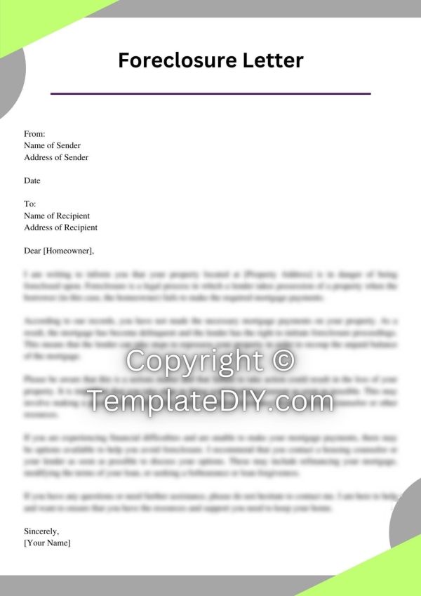 Notice of Foreclosure Letter Template | Printable Sample
