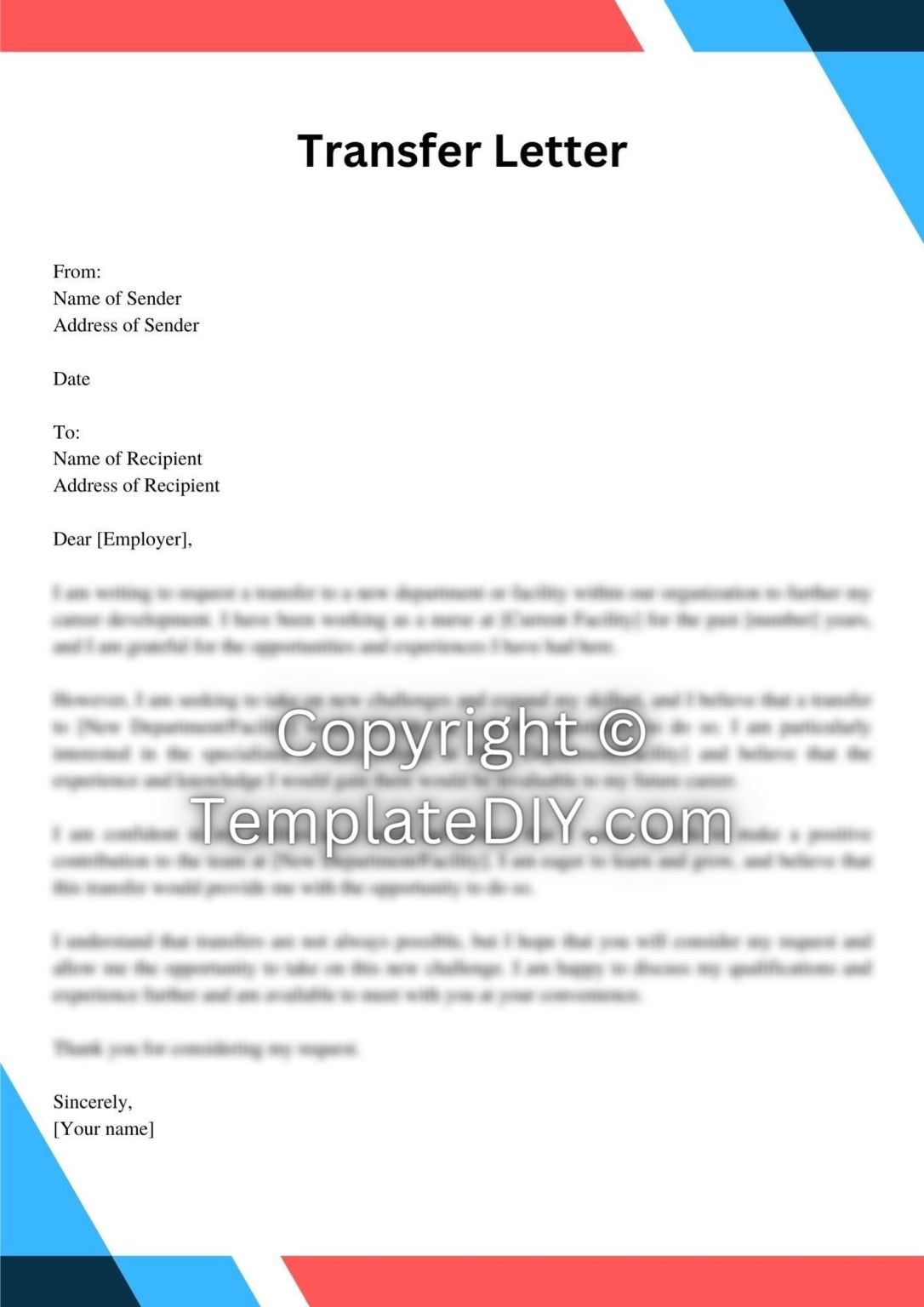 Professional Nurse Transfer Request Letter Template