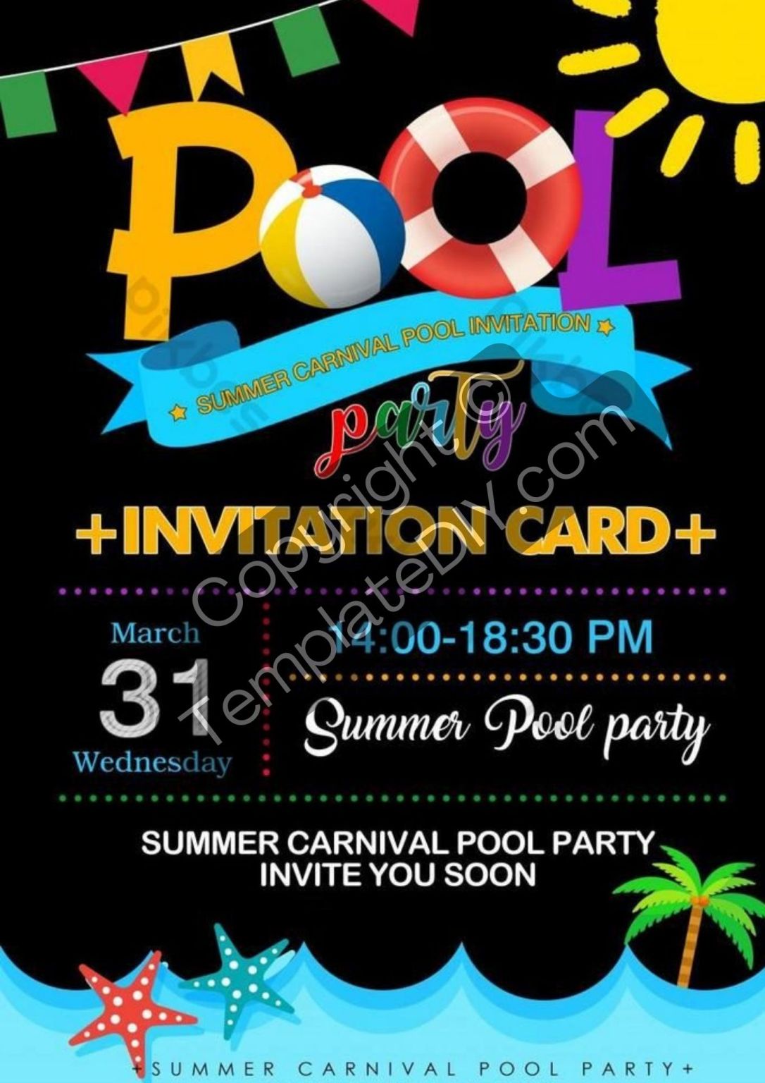 Pool Party Invitation Template Blank Printable PDF, Word