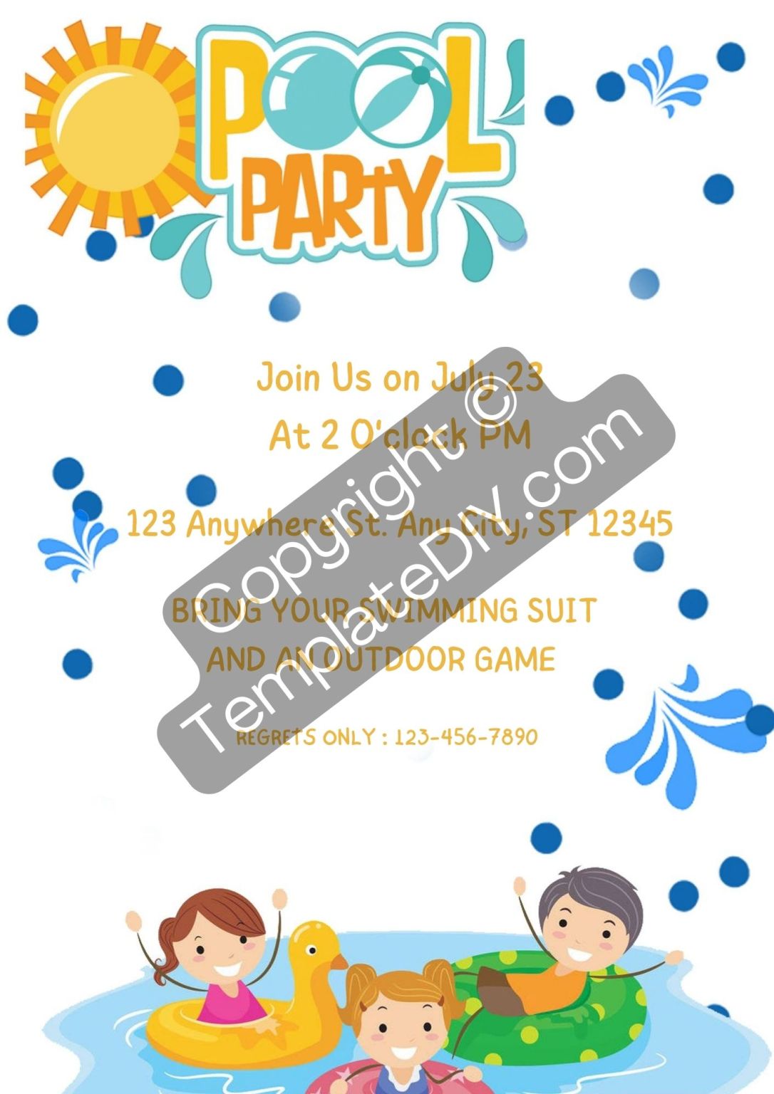 Pool Party Invitation Template Blank Printable PDF, Word
