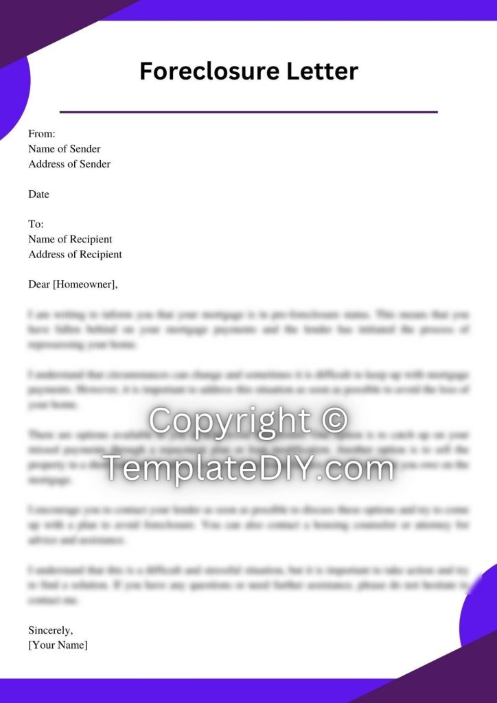 Pre Foreclosure Letter Sample Template with Example PDF Word