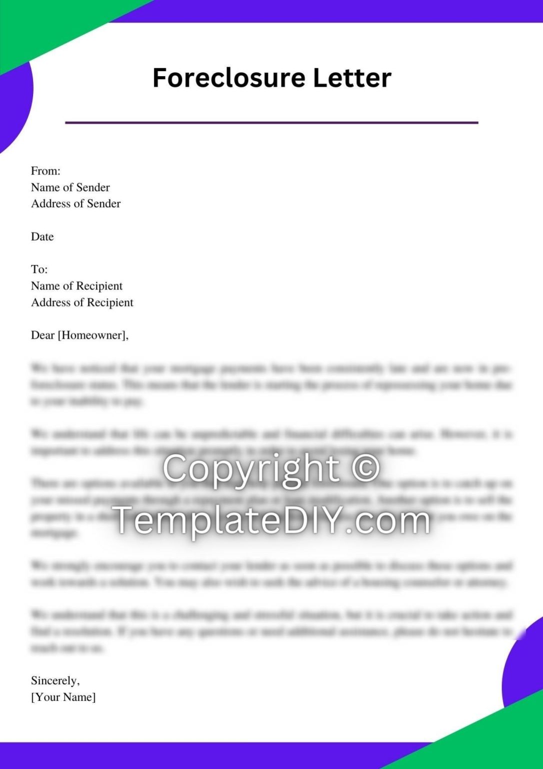 Pre Foreclosure Letter Sample Template with Example PDF Word