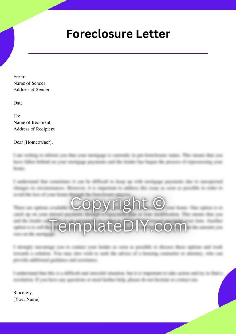 Pre Foreclosure Letter Sample Template with Example PDF Word