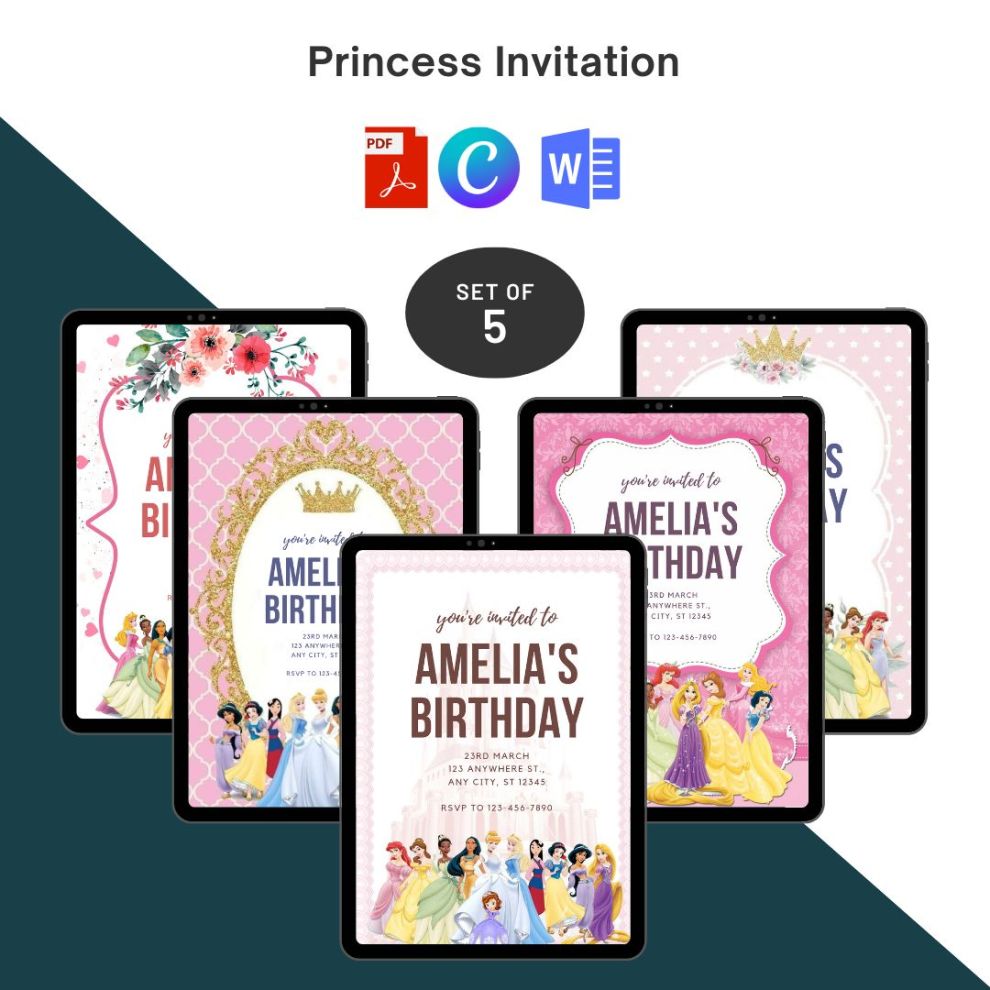 Princess Invitation Template Blank Printable PDF, Word