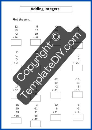 Adding Integers Worksheet Printable Template PDF, Word