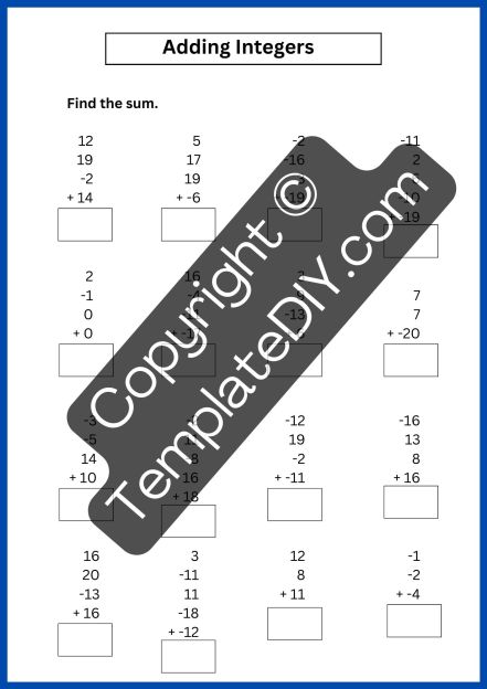 Adding Integers Worksheet Printable Template PDF, Word