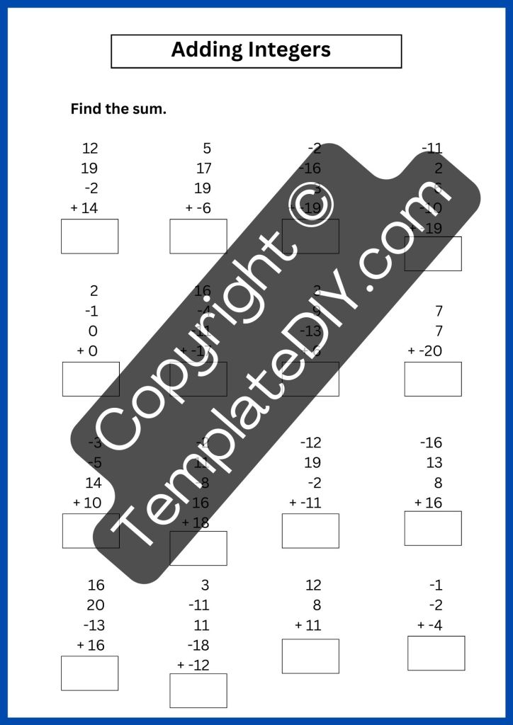 Adding Integers Worksheet Printable Template PDF, Word