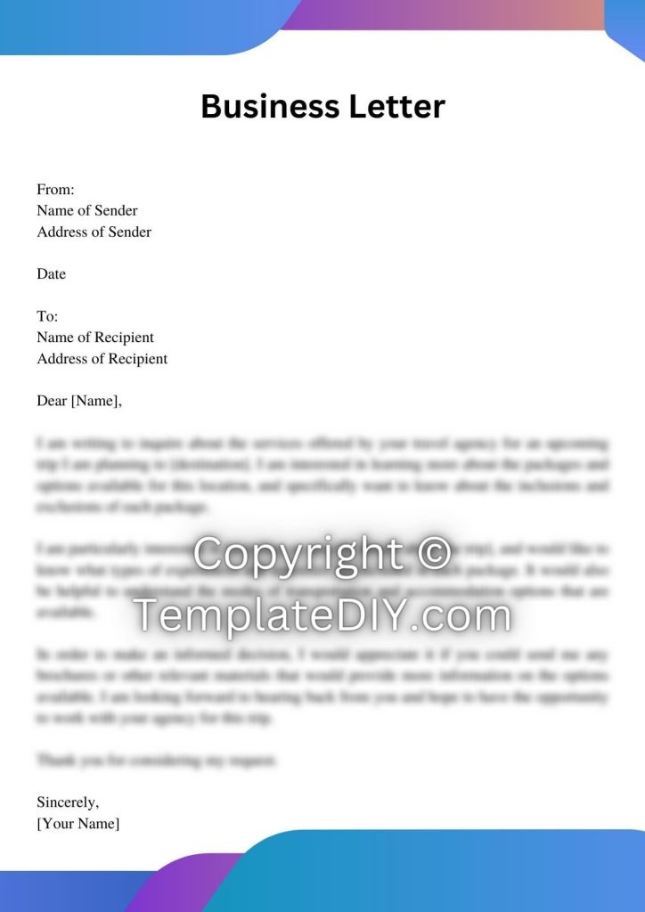 Business Letter for Travel Agency Sample with Example [Word]