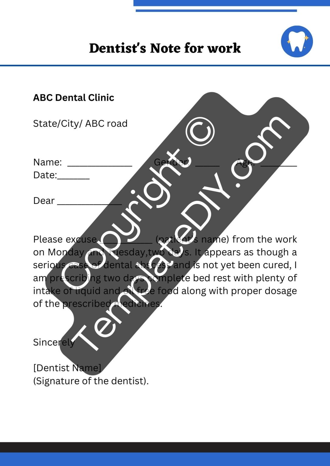 Dentist Note for Work Printable Template in Word [Editable]