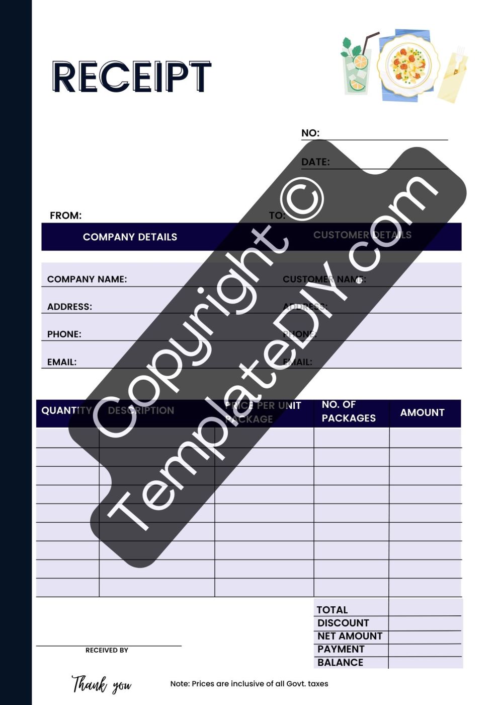 Food Bill Receipt Template Blank Printable PDF, Excel, Word