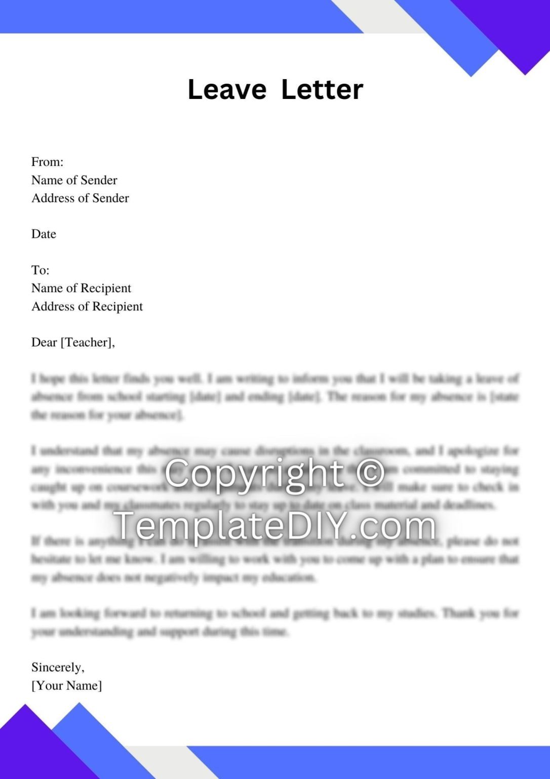 Leave Letter to Teacher Template | Download Word Format