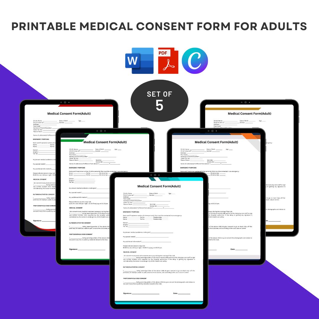 Medical Consent Form for Adults Printable Template PDF, Word