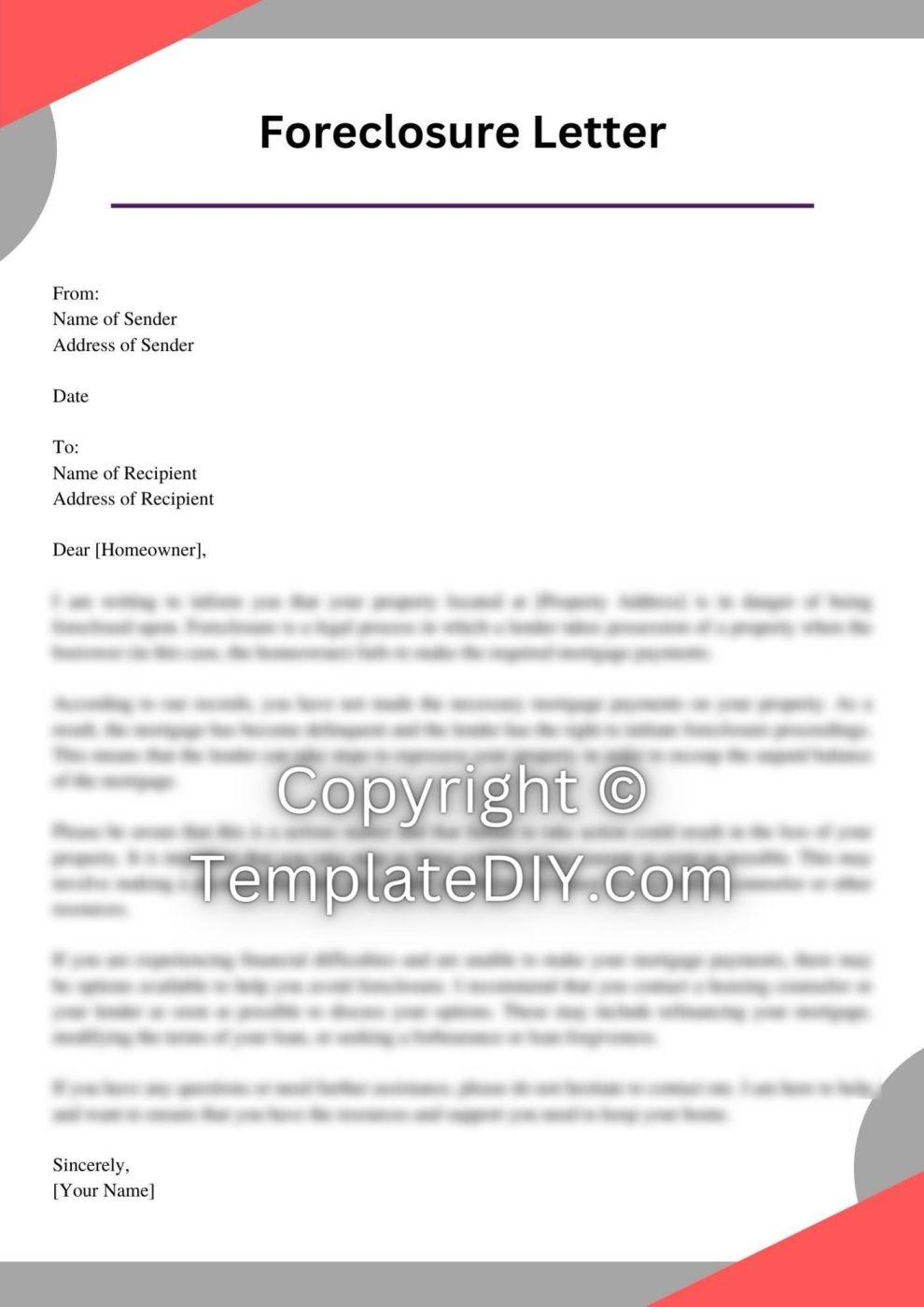 Notice of Foreclosure Letter Template | Printable Sample
