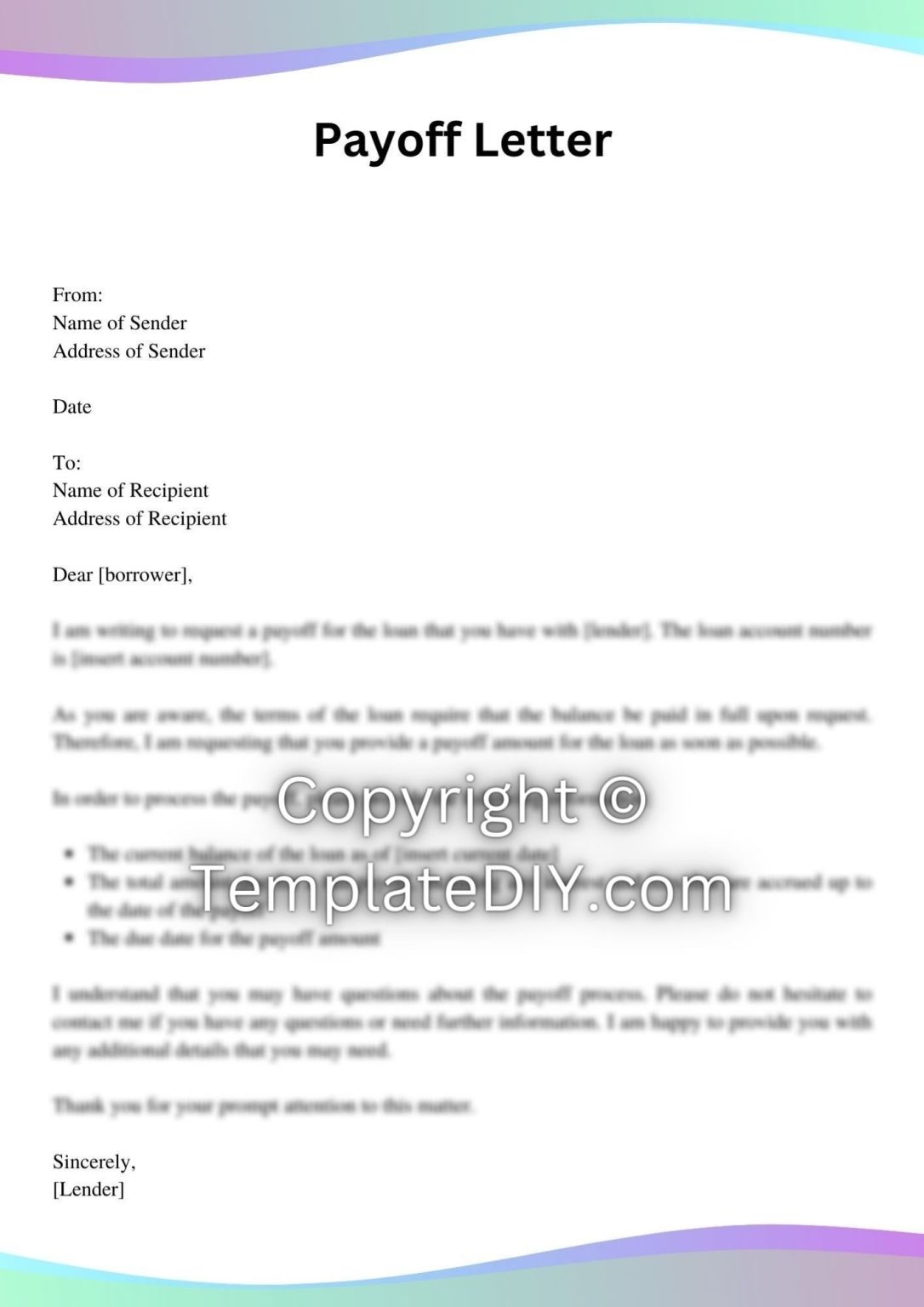 Payoff Letter from Lender Sample Template with Examples