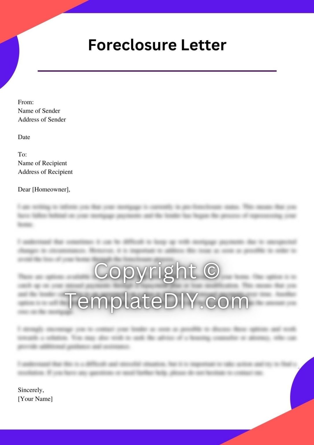 Pre Foreclosure Letter Sample Template with Example PDF Word