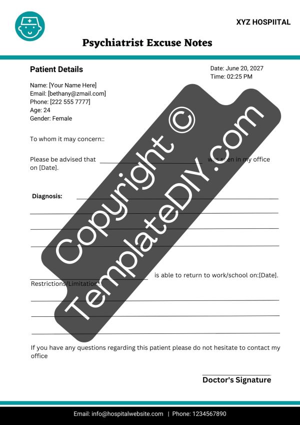 Psychiatrist Excuse Note Template Printable PDF, Word