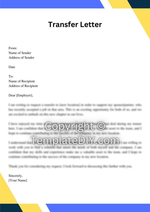 Transfer Request Letter for Personal Reasons Sample [Word]