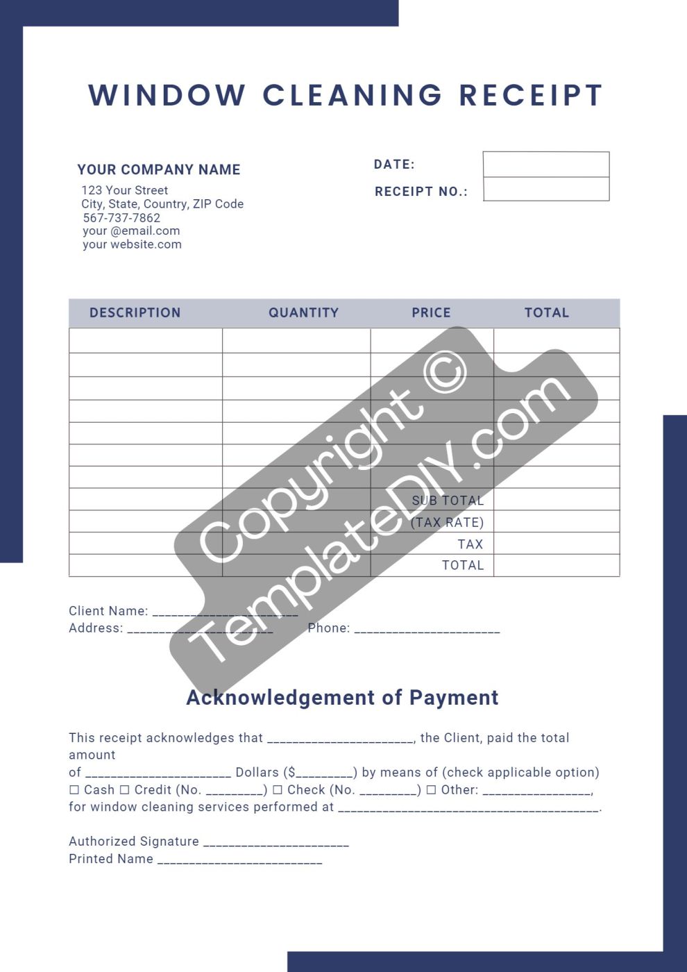 Window Cleaning Receipt Template Printable PDF, Excel, Word