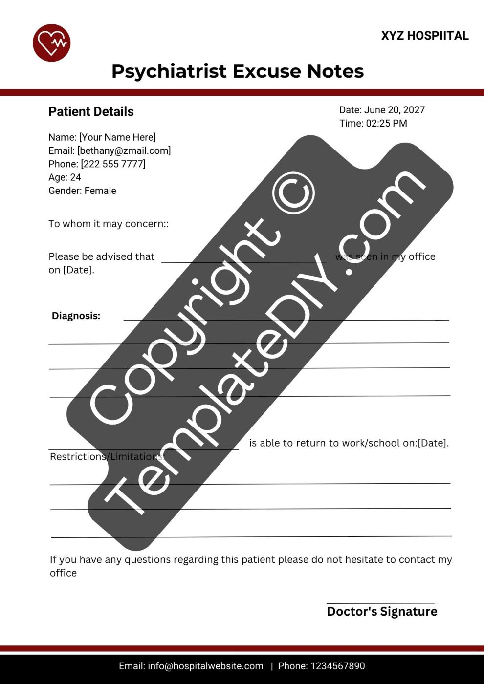 Psychiatrist Excuse Note Template Printable PDF, Word