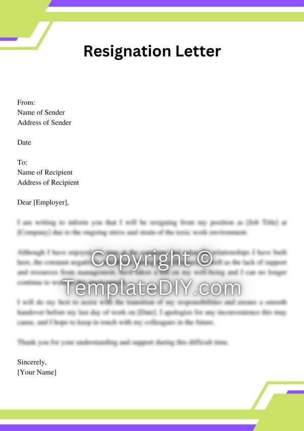 Resignation Letter Due To Toxic Work Environment Sample