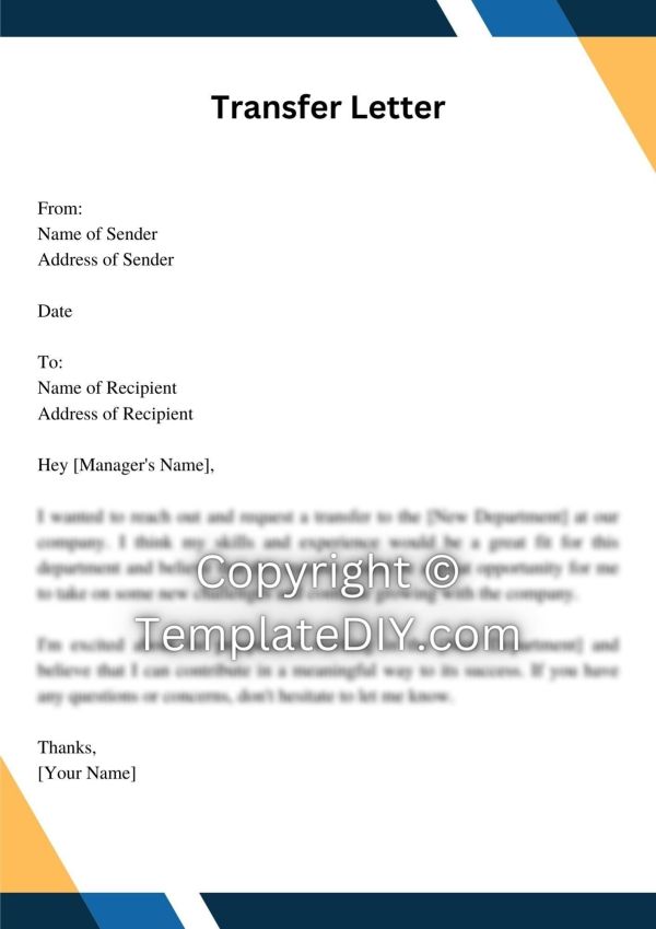 Asking for A Transfer At Work Letter Sample with Examples