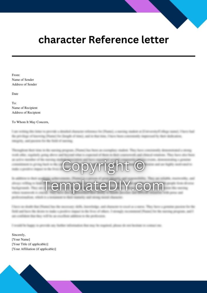 Character Reference Letter For Nursing Student Sample [Word]