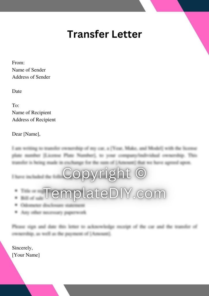 Letter of Car Ownership Transfer Sample with Examples