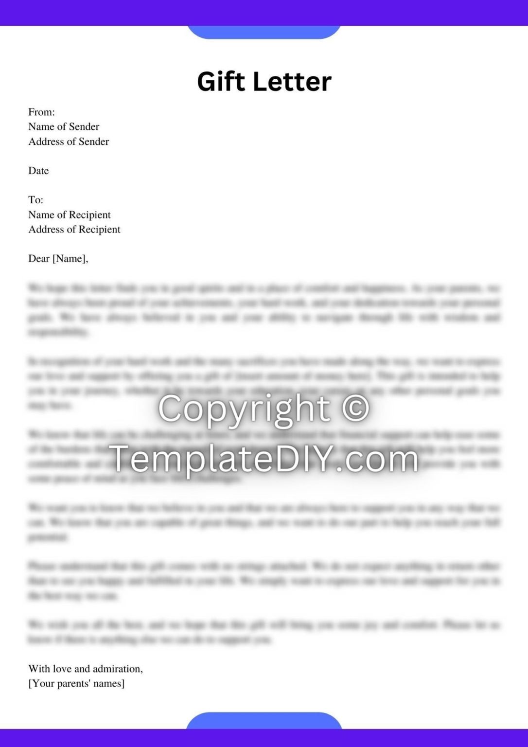 Money Gift Letter from Parents Template | Printable PDF