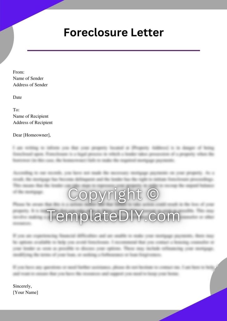 Notice of Foreclosure Letter Template | Printable Sample