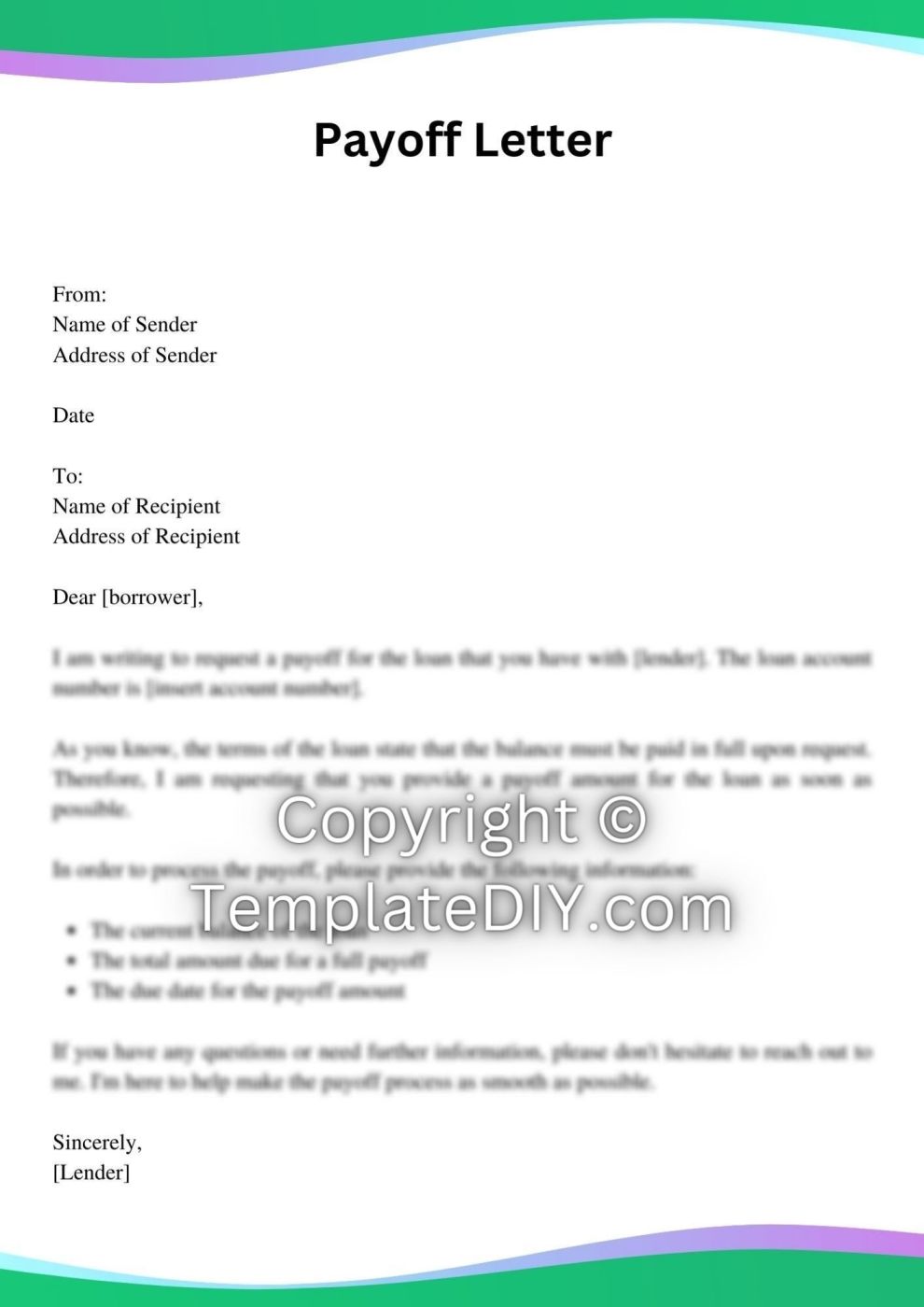 Payoff Letter from Lender Sample Template with Examples