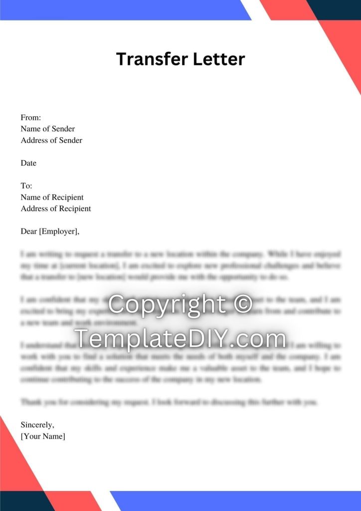 Transfer Request Letter for Personal Reasons Sample [Word]