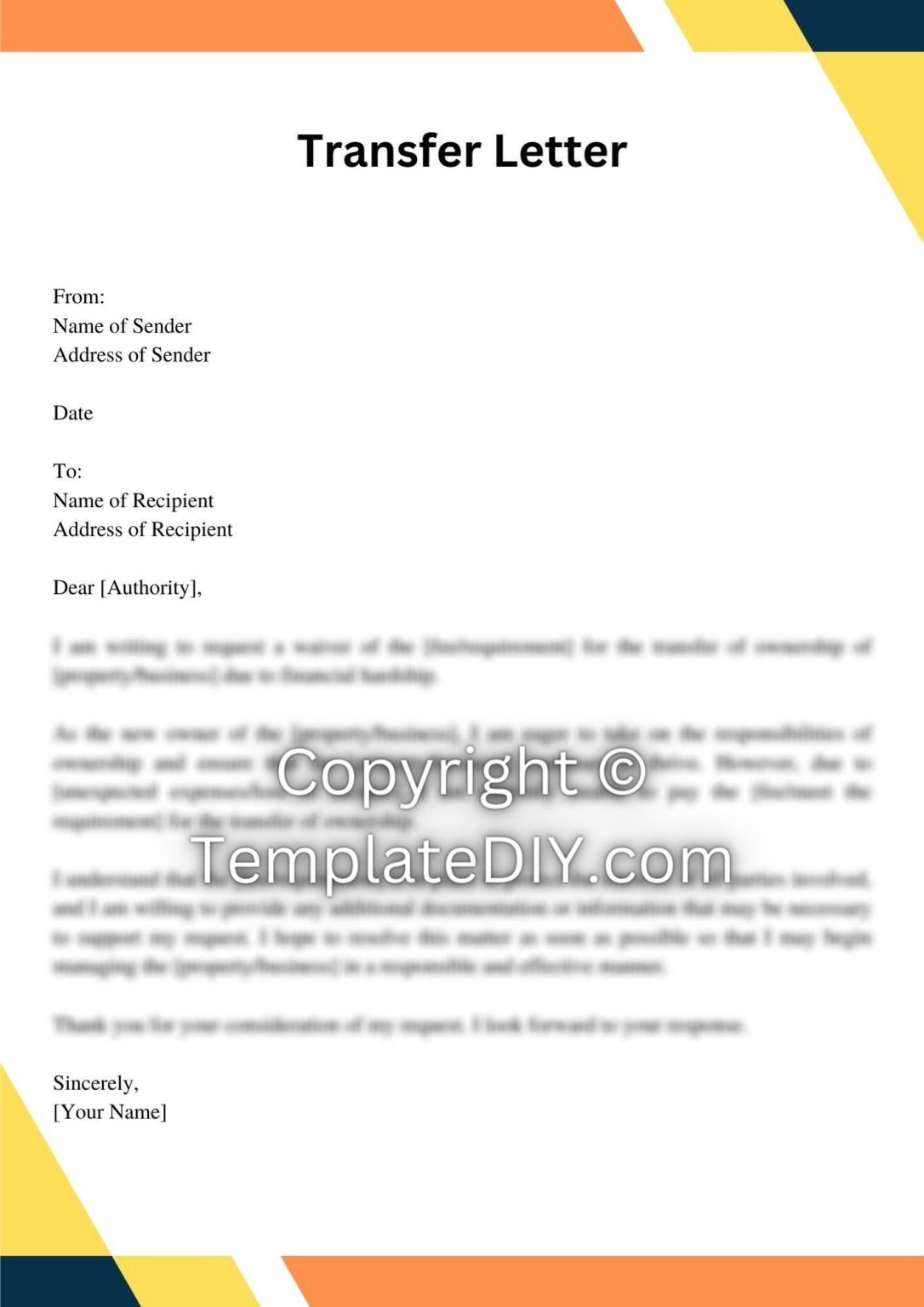 Waiver Letter for Transfer of Ownership Sample and Examples