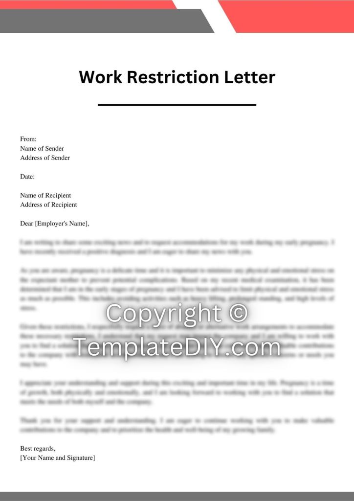 Work Restriction Request Letter for Early Pregnancy Sample