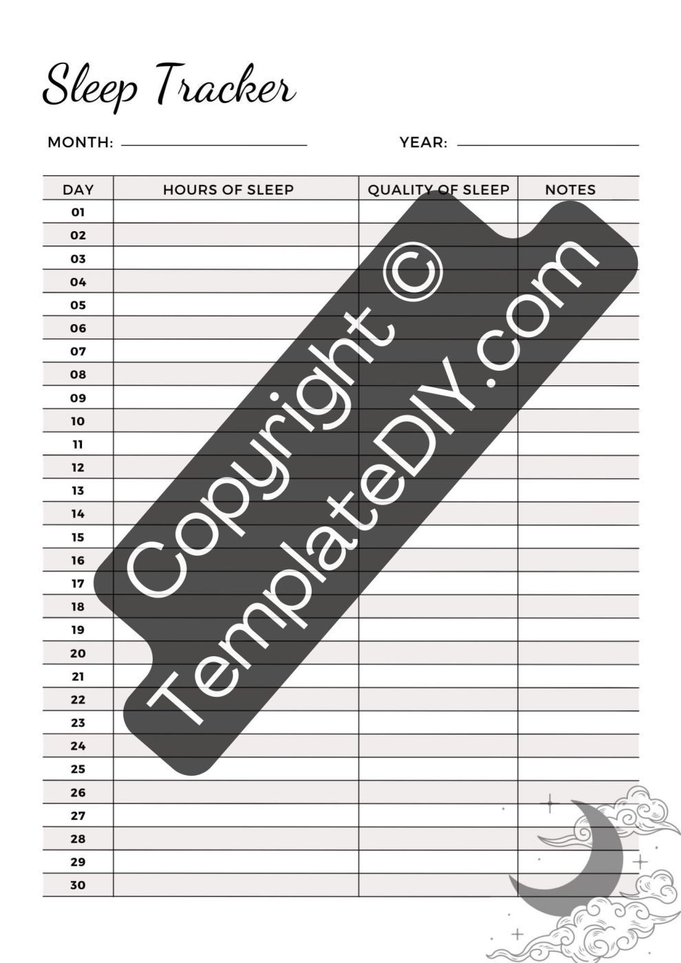 Sleep Tracker Excel Template Blank Printable PDF, Word
