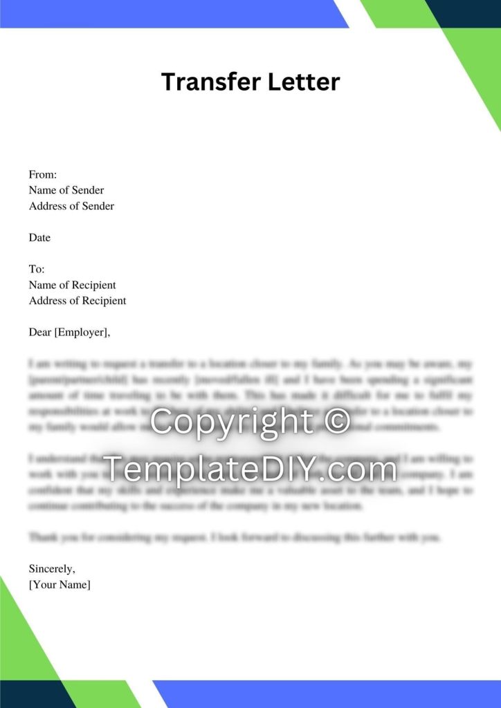 Transfer Request Letter for Personal Reasons Sample [Word]