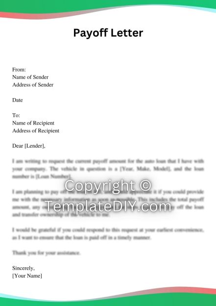 Vehicle Auto Loan Payoff Letter Sample Template with Example