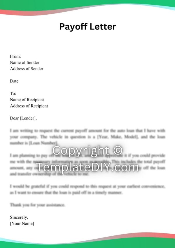 Vehicle Auto Loan Payoff Letter Sample Template with Example
