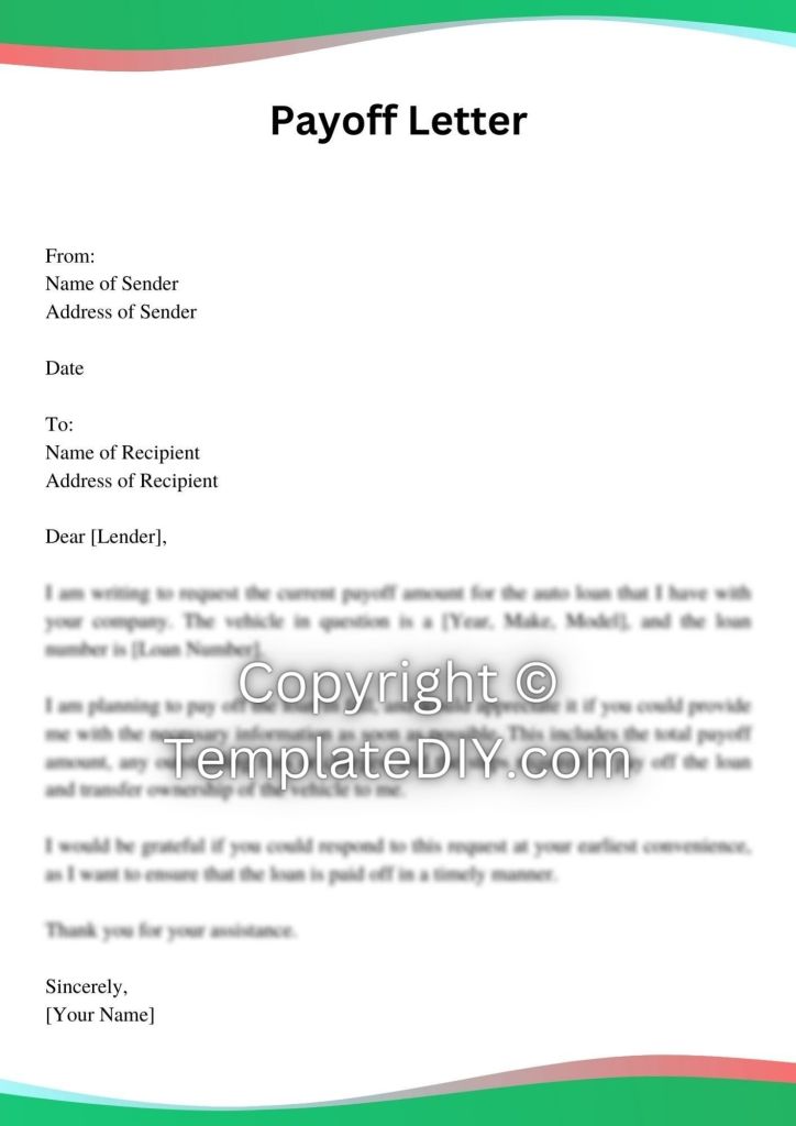 Vehicle Auto Loan Payoff Letter Sample Template with Example