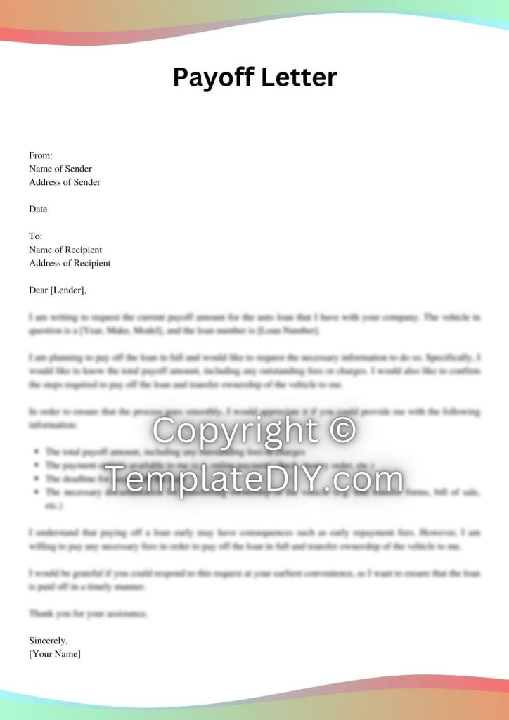 Vehicle Auto Loan Payoff Letter Sample Template with Example