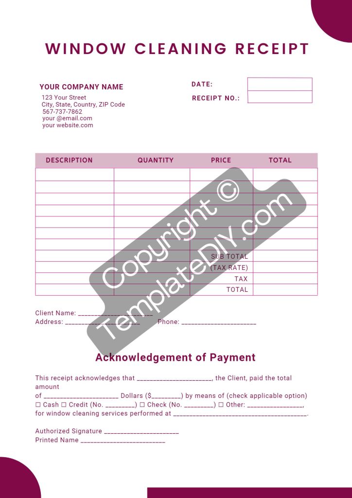 Window Cleaning Receipt Template Printable PDF, Excel, Word