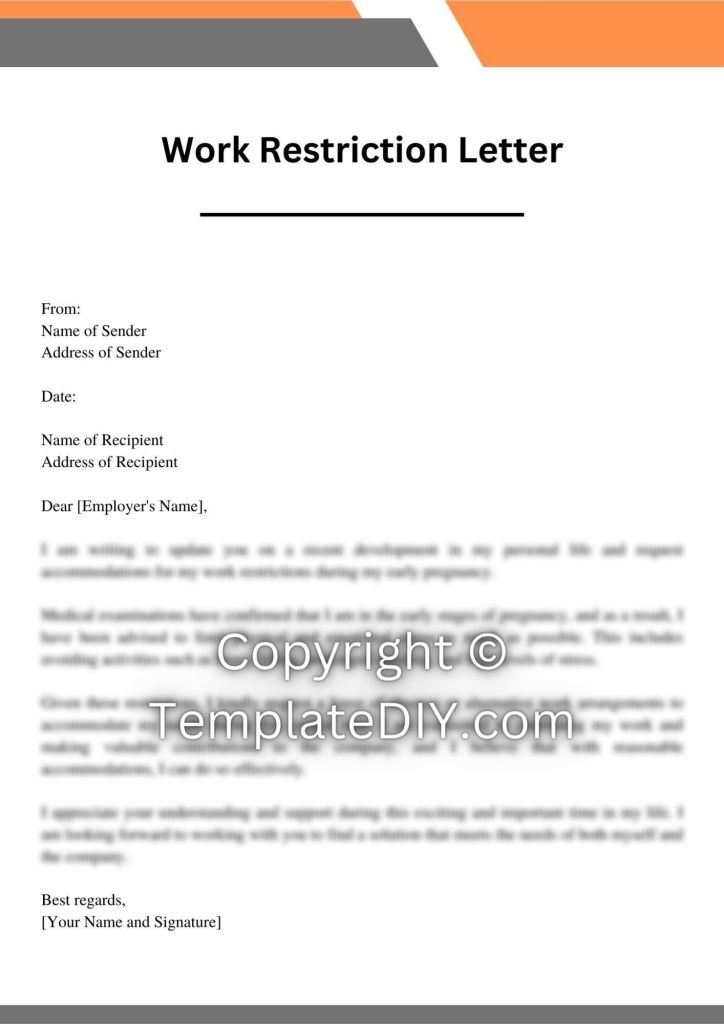 Work Restriction Request Letter for Early Pregnancy Sample