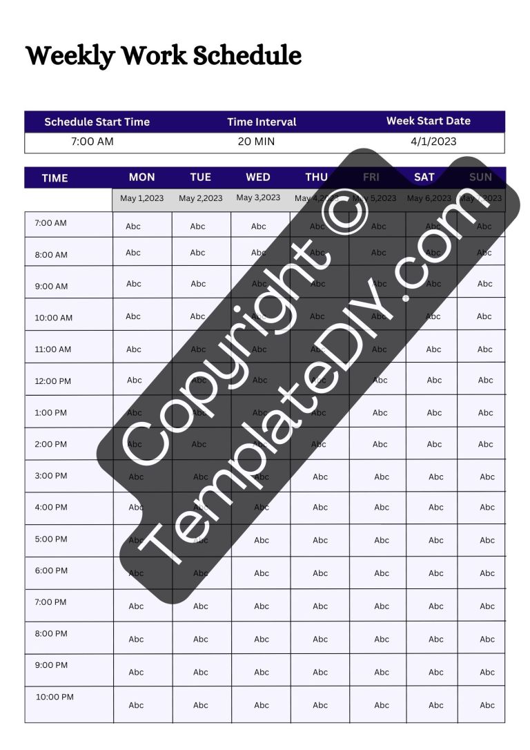 7 Day Weekly Work Schedule Template Printable PDF, Word
