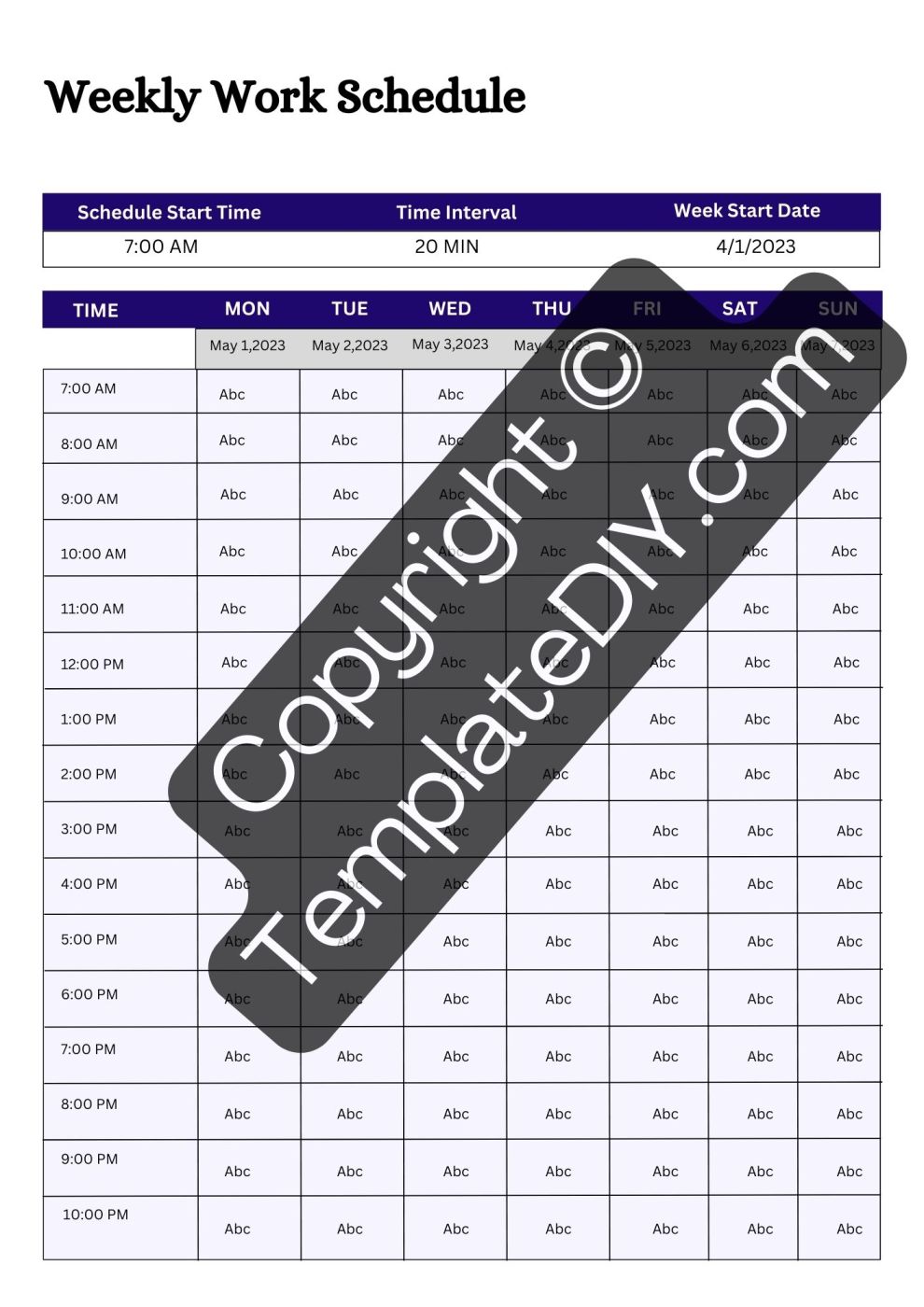 7 Day Weekly Work Schedule Template Printable PDF, Word