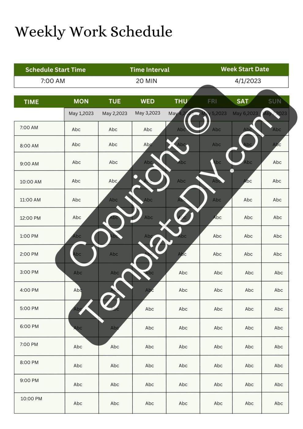 7 Day Weekly Work Schedule Template Printable PDF, Word